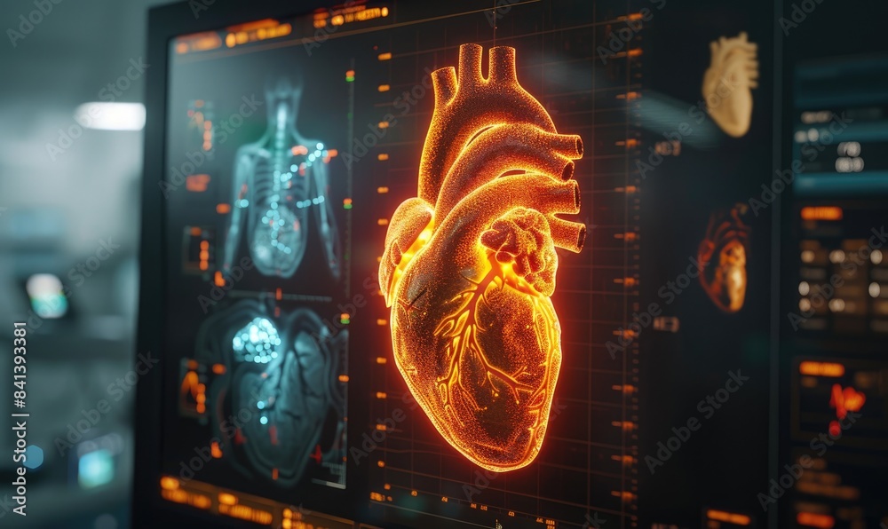 Realistic 3D model of a human heart, on a medical imaging screen Stock ...