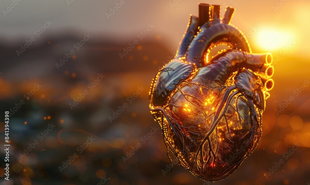 Realistic model of a human heart wrapped in golden wires and circuits ...