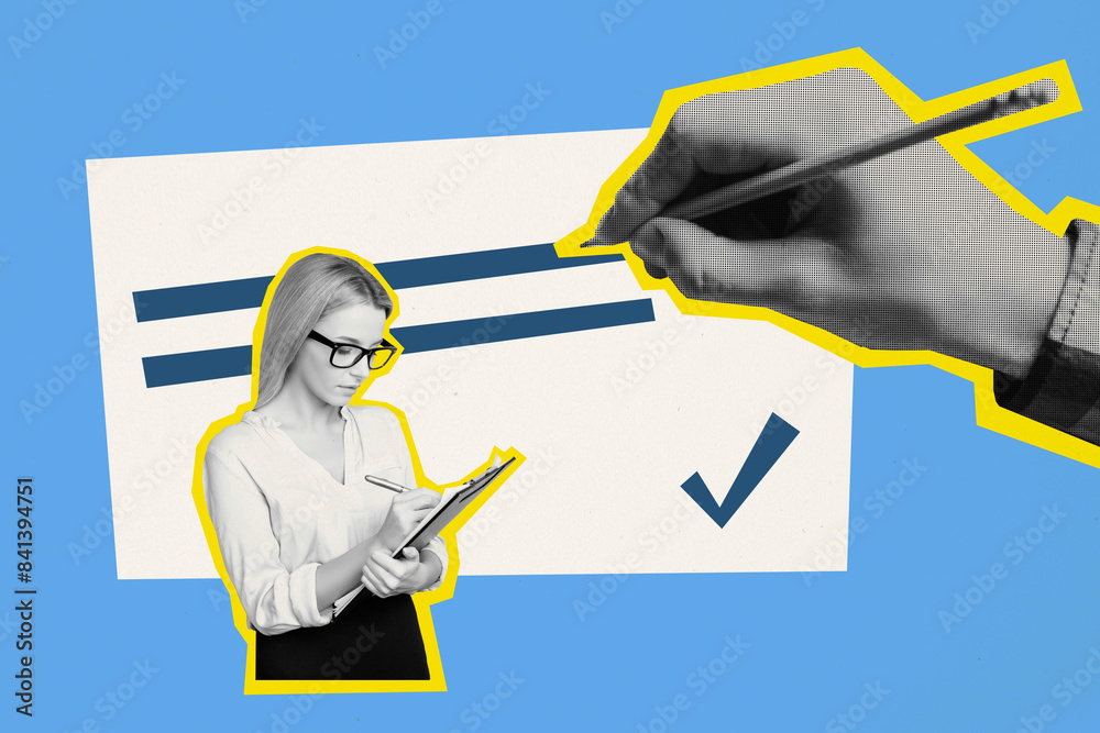 Composite collage image of female entrepreneur hand write checkmark to ...