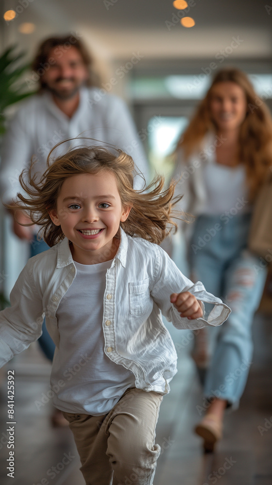 Happy young family, scene of coming home from shopping, excited ...