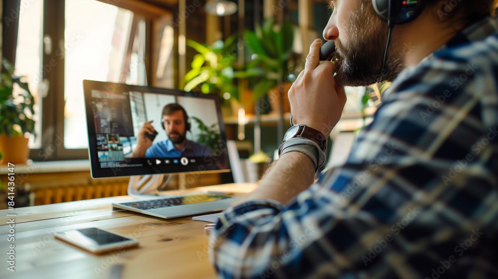 a close-up image of a technical support specialist conducting a video ...