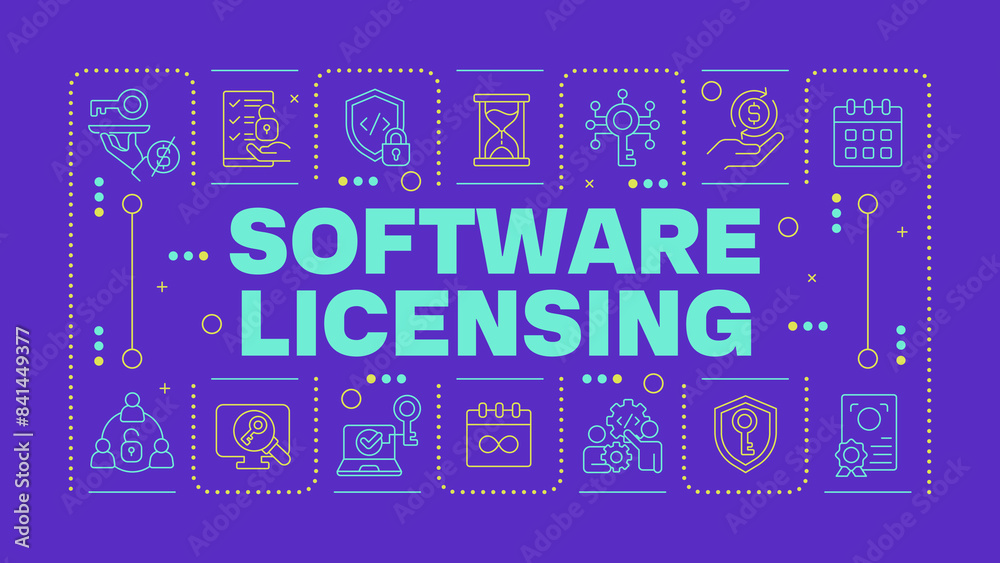 Software licensing purple word concept. Code protection. Public license ...