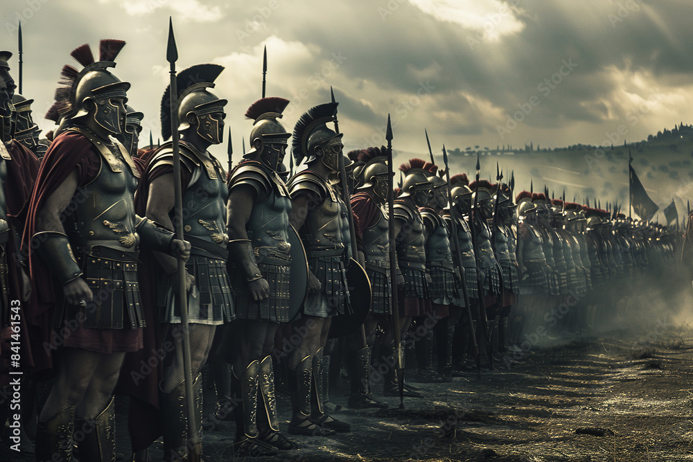In the midst of a military campaign, ancient Roman warriors gather on ...