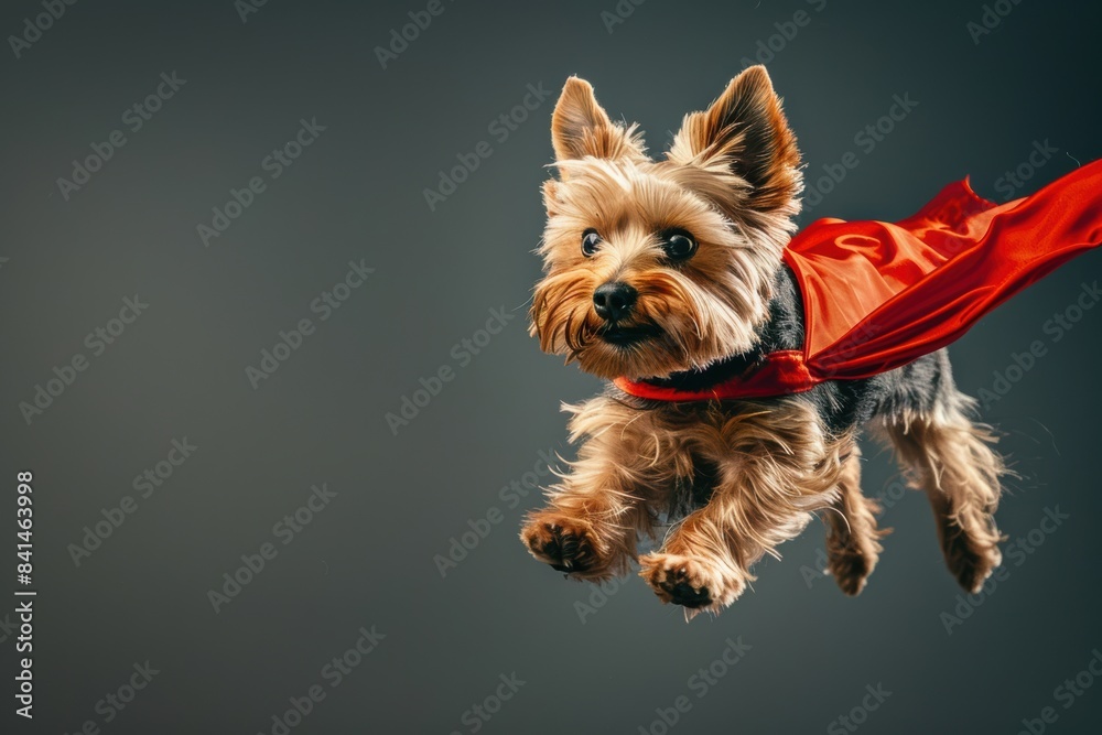 Yorkshire Terrier dog wearing a red cape, flying happily in a running ...