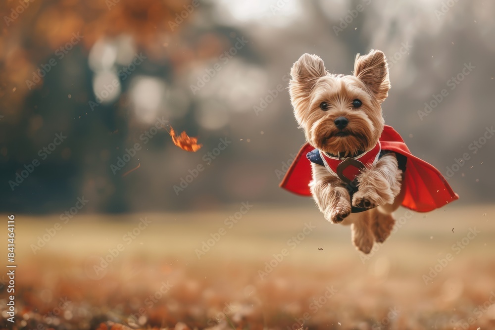 Yorkshire Terrier dog wearing a red cape, flying happily in a running ...