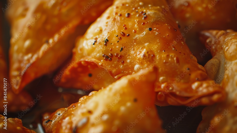 A close-up of golden and crispy samosas served with tangy tamarind ...