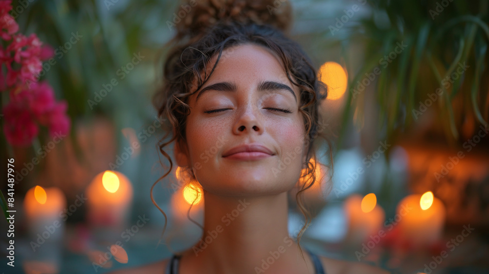 Spa Woman in her mid-20s fair-skinned with closed eyes relaxing in a ...
