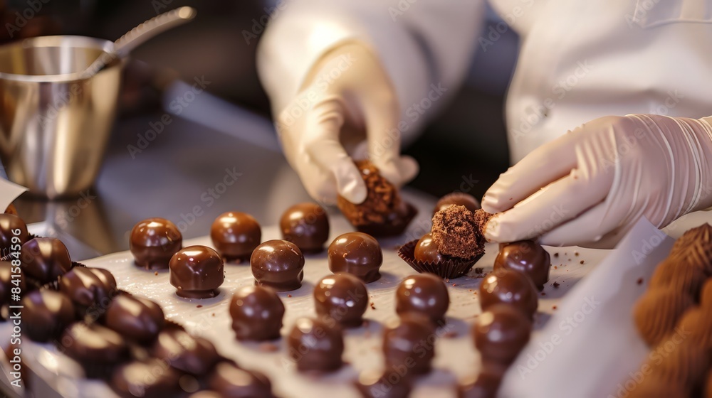 Design a scene of a chocolatier carefully crafting handmade chocolates ...
