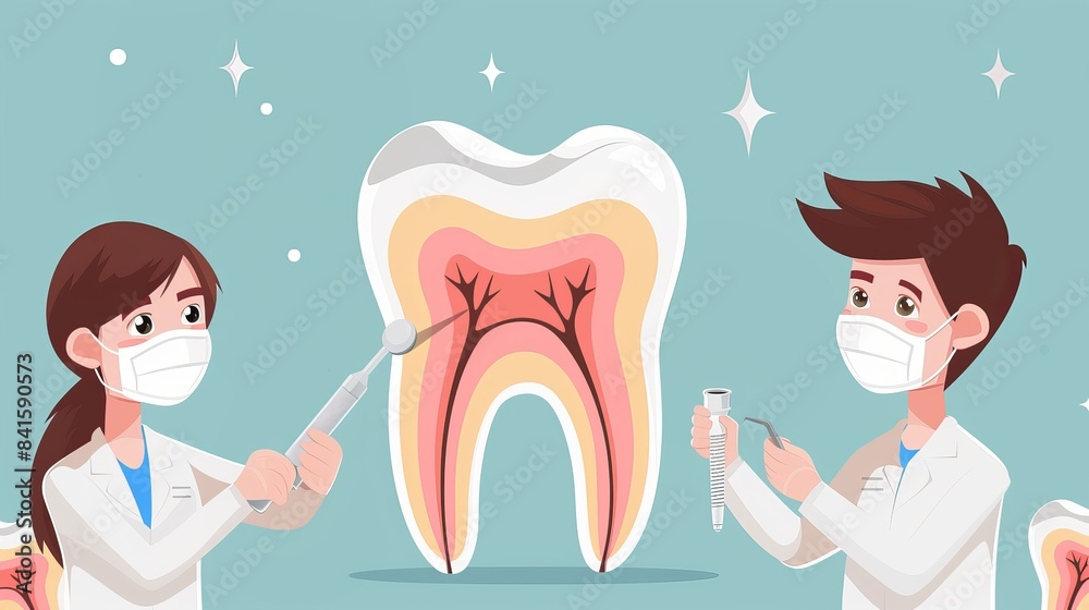 Cartoon illustration of two dentists examining a tooth with visible ...
