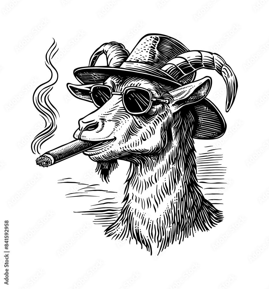 Vector de Stock goat, wears retro hat sunglasses and smoking cigarette ...