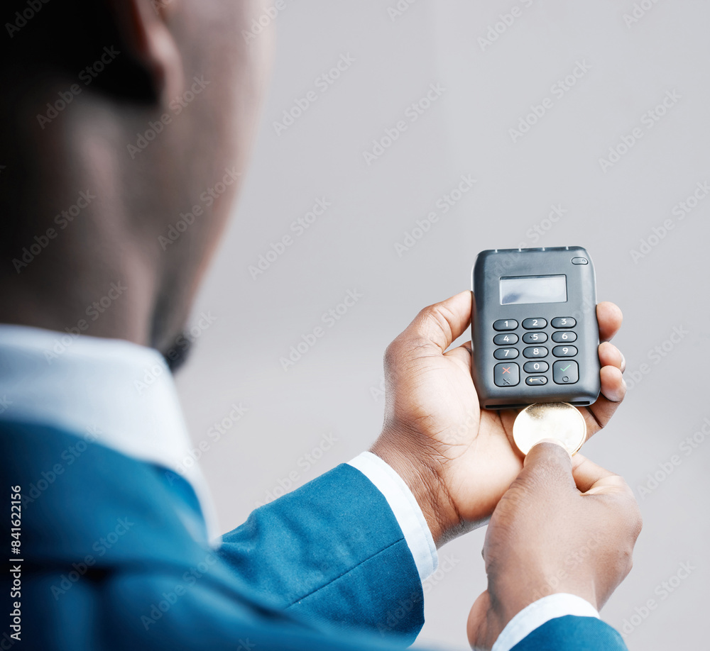 Payment, gold coin and hand with pos system in studio grey background ...