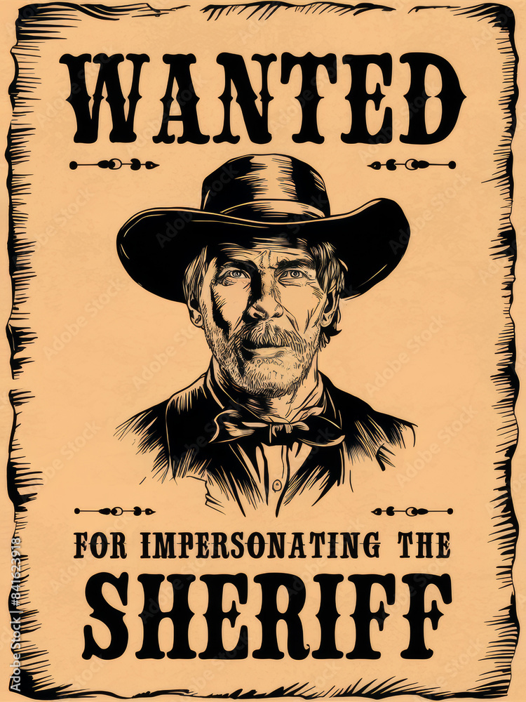 A wanted poster featuring a stern man in cowboy hat and bow tie. Text ...