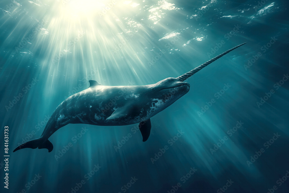 Narwhal swimming underwater with rays of sunlight filtering through the ...