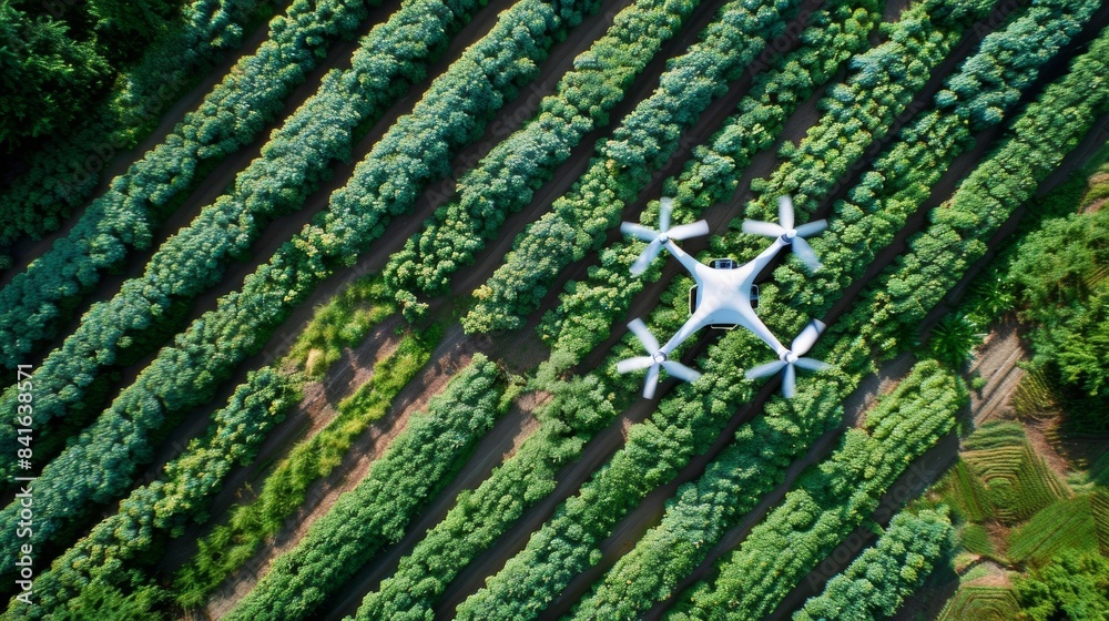 An aerial view of an autonomous drone flying over a lush vegetable farm ...