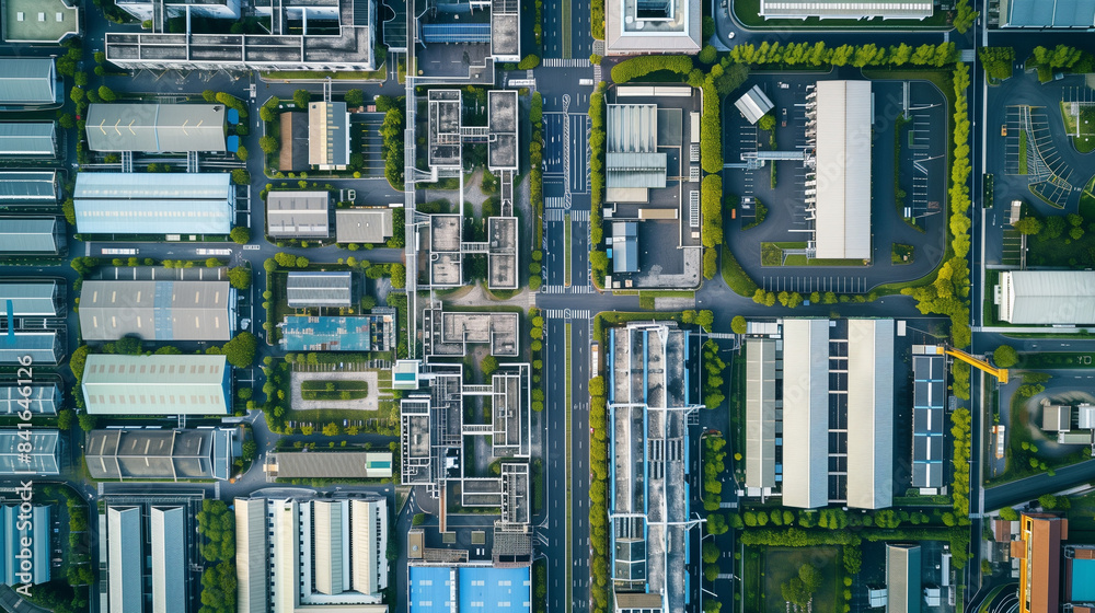 An aerial shot of a smart industrial park where buildings and ...