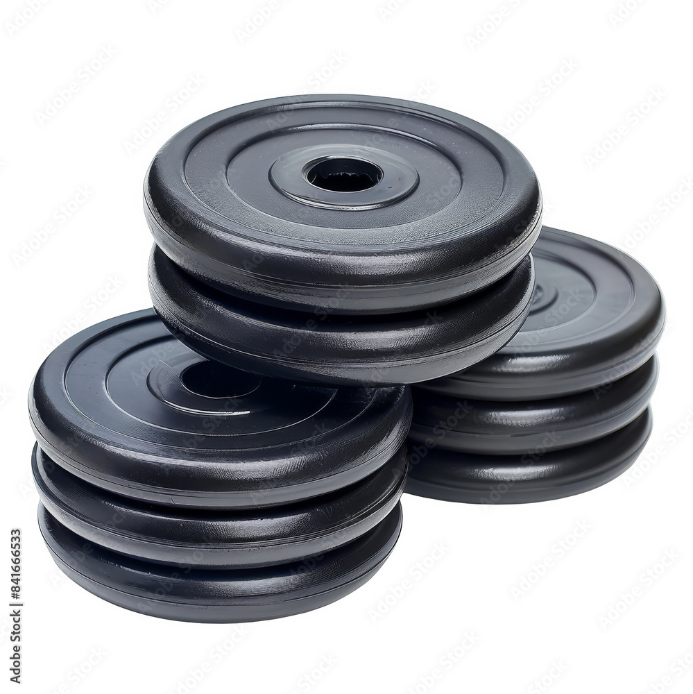 Stack of black weight plates isolated white background, transparent ...
