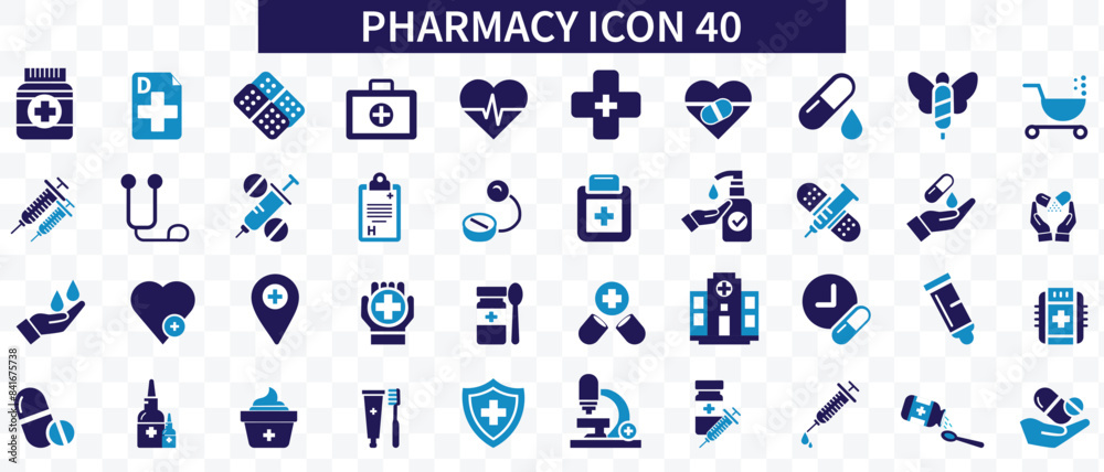 Pharmacy flat icons set. Medicine, treatment, take medication, tablet ...