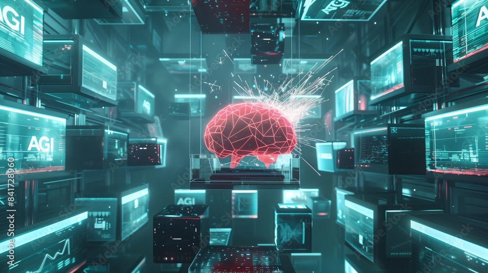 Artificial General Intelligence abstract concept. AGI evolution, quantum computing, advanced ...