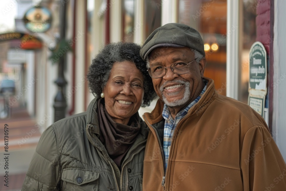 Portrait of a happy afro-american couple in their 70s wearing a ...