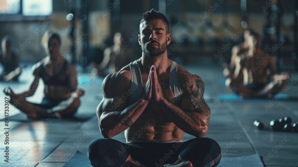 A muscular man meditates in a group yoga class, his eyes closed and ...