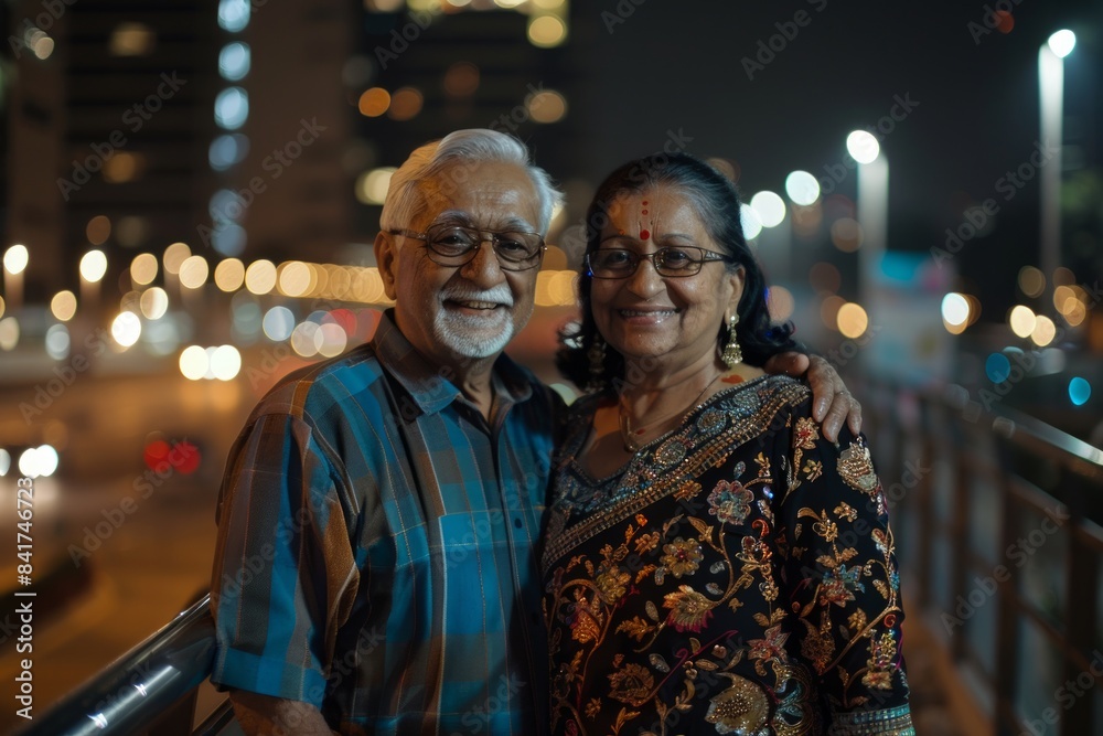 Portrait of a blissful indian couple in their 50s sporting a vented ...