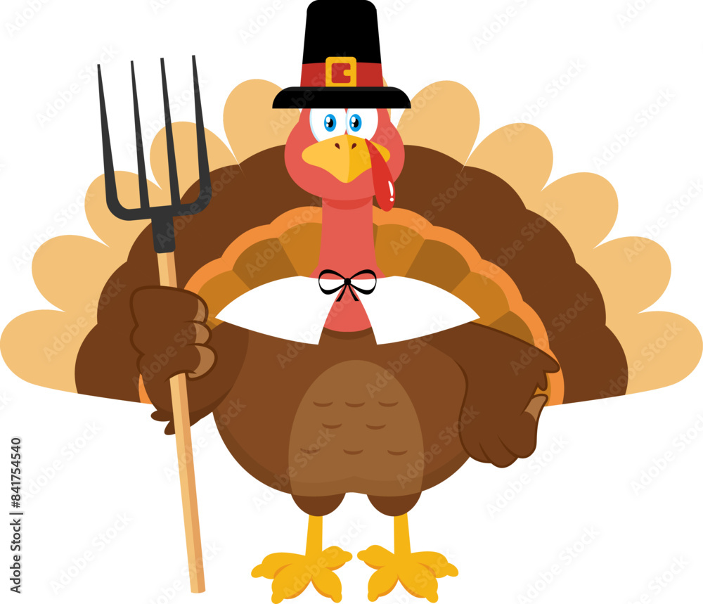 Cute Pilgrim Turkey Bird Cartoon Character Holding A Pitchfork. Vector ...