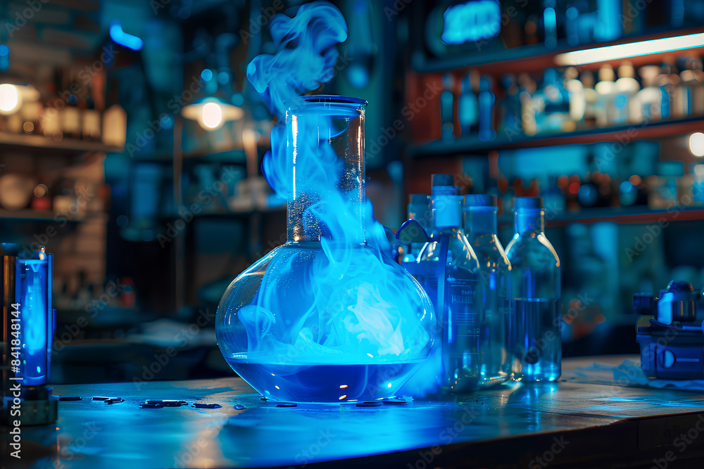Bottle of poison potion in laboratory room releasing dangerous gas ...