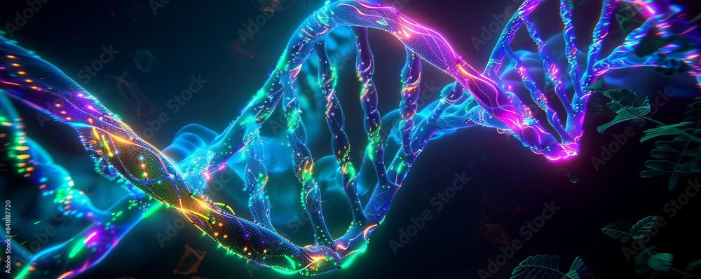 Double helix DNA, abstract art, luminous strands, hightech aesthetic ...