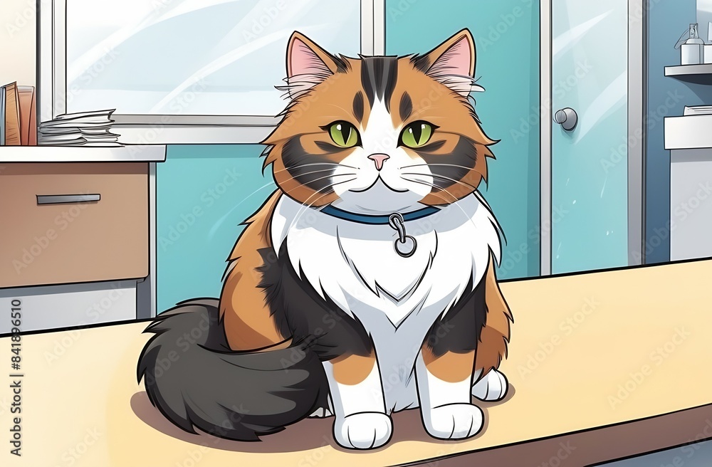 Cartoon illustration, fluffy Cat sitting on medical table in of ...