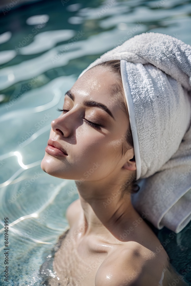Model sunbathing in swimming pool, modern swimming pool, handsome, airy ...
