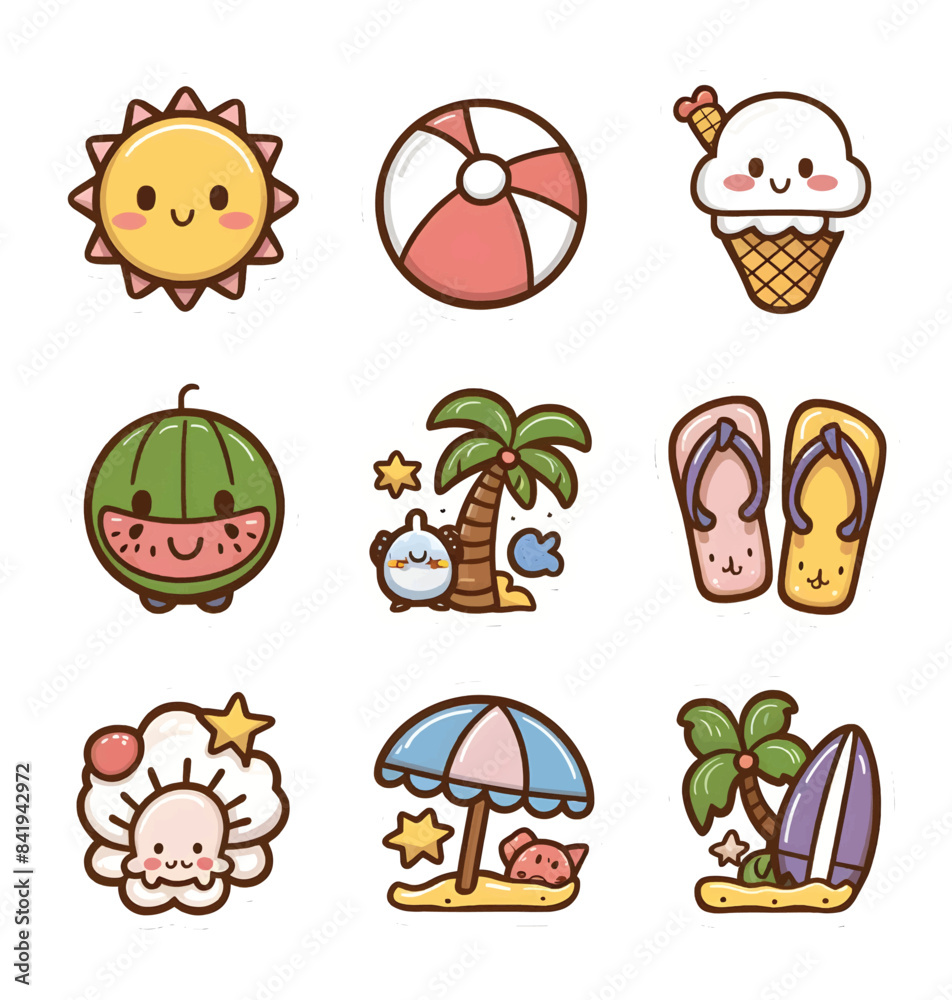 Kawaii summer vacation printable stickers vector illustration set Stock ...