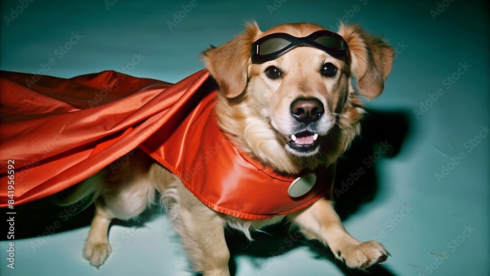 superhero dog, Cute with a cloak and mask jumping and flying on light ...