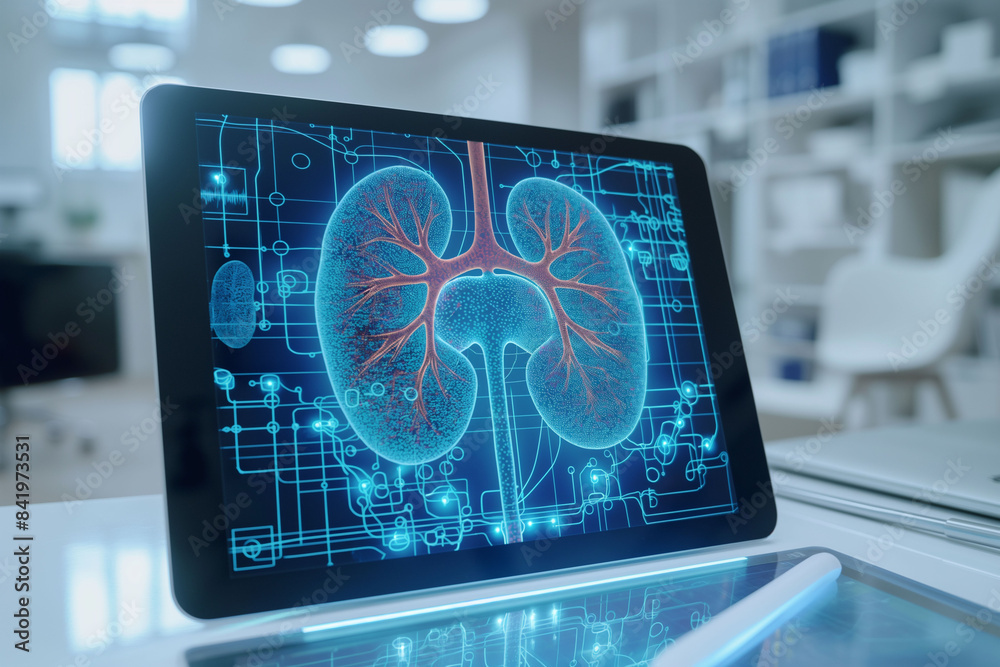 A holographic display of human lungs, projected from a tablet in a ...