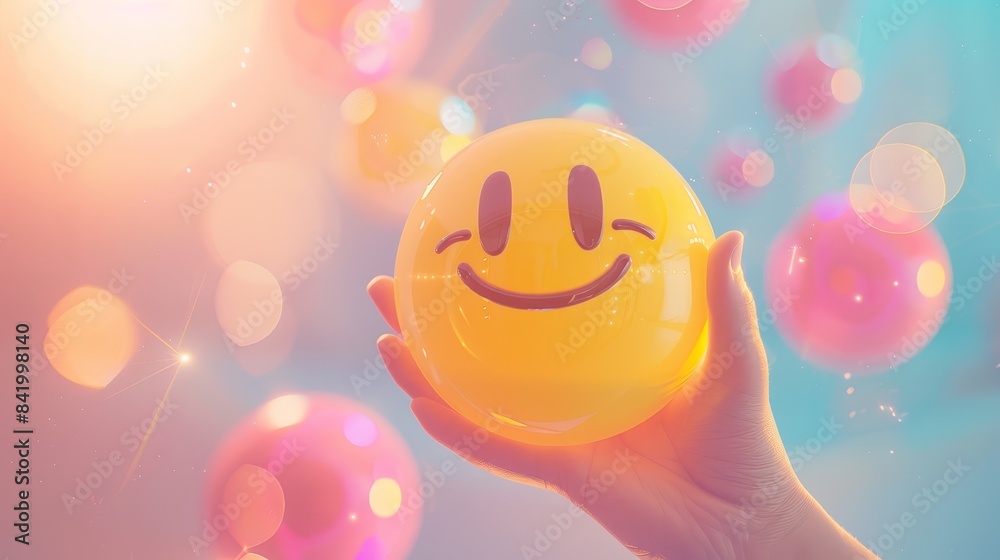Aerial view of hand grasping a happy smiley 3D emoji sphere, light ...