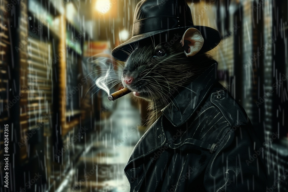 Sneaky Rat in Detective Trench Coat and Fedora, Smoking a Cigar, Noir ...