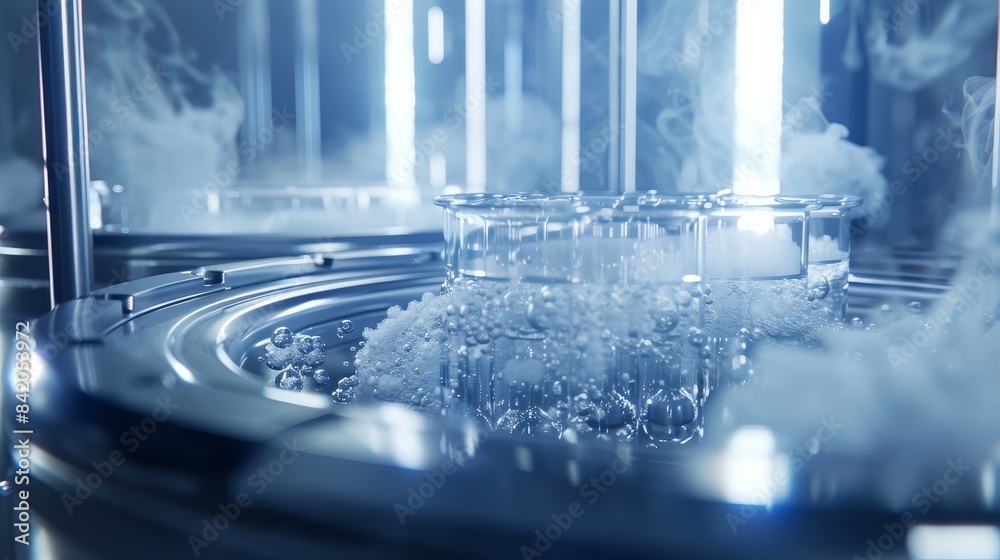 Liquid nitrogen storage bank with cell suspension, detailed close-up ...