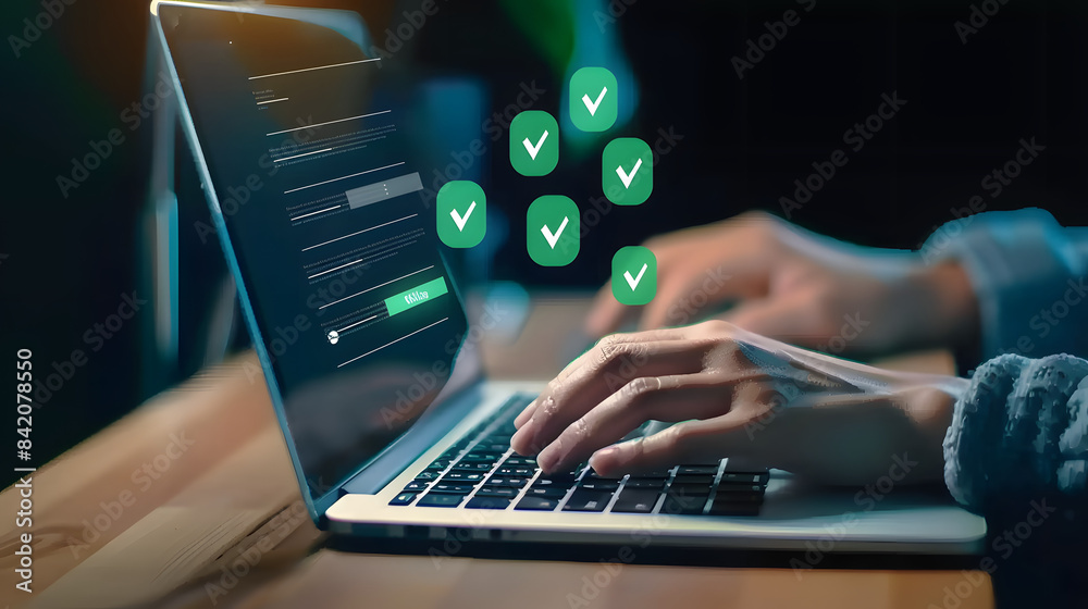 A person typing on their laptop with green checkmark icons floating ...