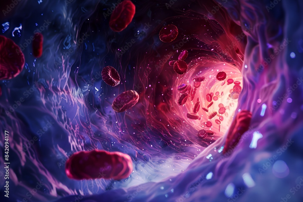 Normal blood vessel, vein with red cells erythrocytes inside close up ...