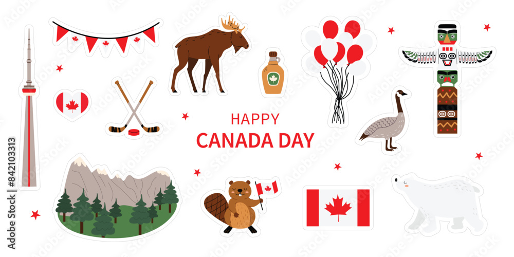 Vector set of stickers for Canada Day: totem pole, maple syrup, beaver ...