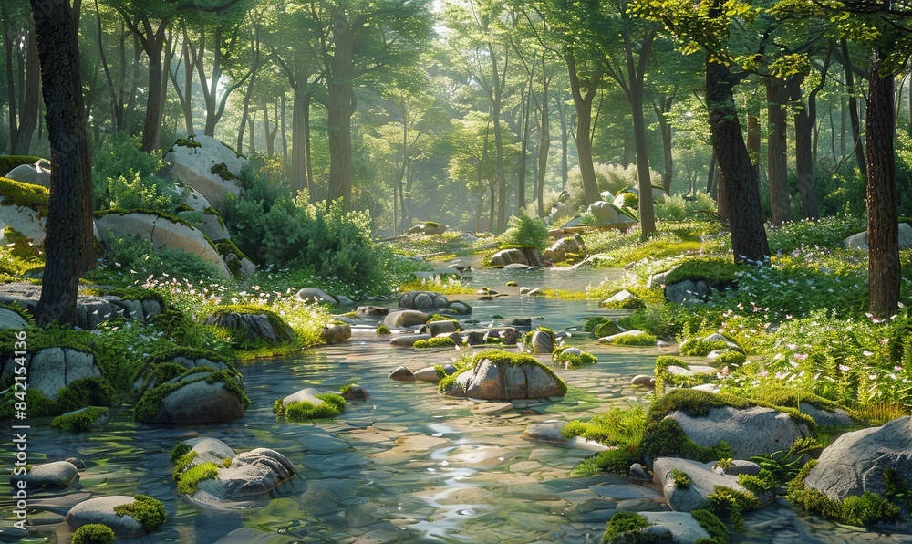 A whimsical forest glade with sun-dappled paths, moss-covered rocks ...