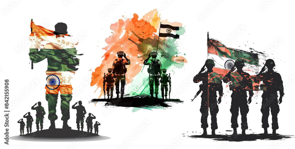 watercolor Illustration of Indian army soldiers saluting and holding ...