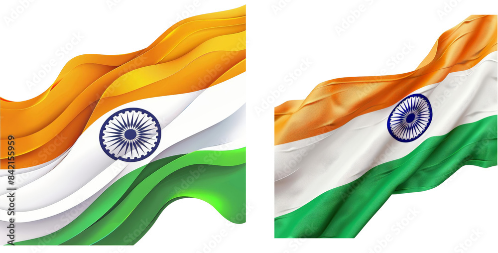 set of Waving Indian flags with vibrant saffron, white and green colors ...