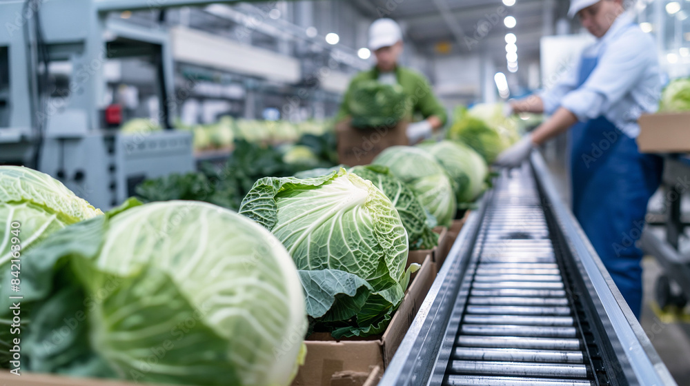 hydroponic cabbage into boxes on a conveyor line at a factory plant. The image should capture ...