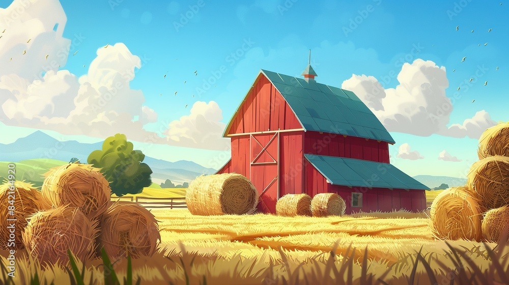 Whimsical Farmyard: Cartoon Barn with Straw Bales and Hay Piles Stock ...