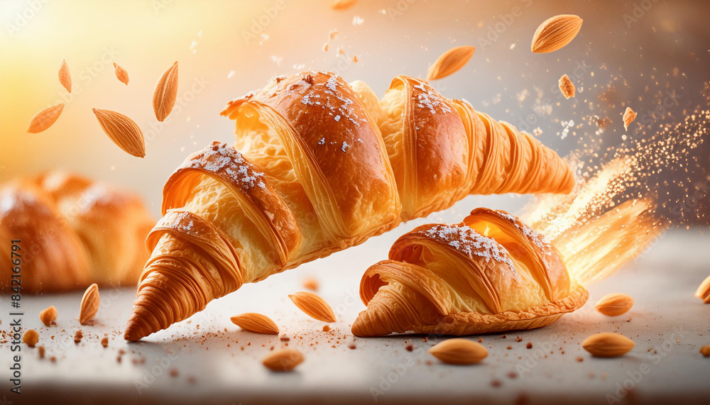 Croissant bun brioche cake flying in air. Fresh baked puff pastry ...