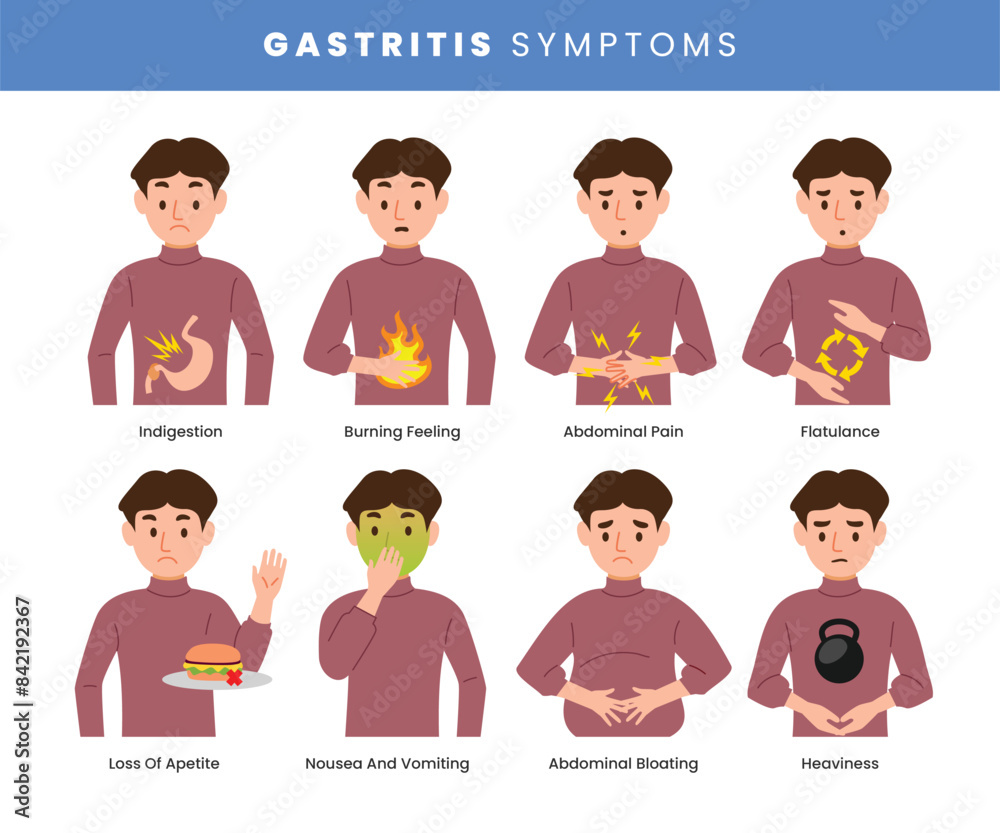 Gastritis symptoms infographic medical poster design, labeled Vomiting ...