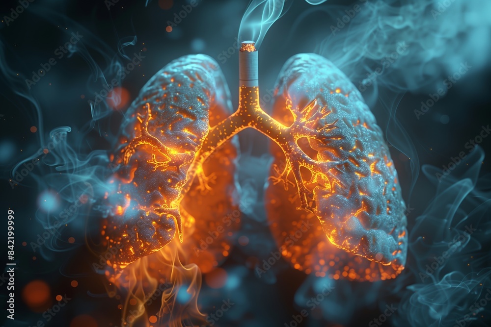 A digital illustration depicting the damage caused by cigarette smoke ...