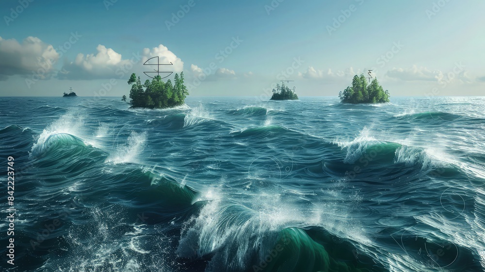 A vast ocean where the waves are rhythmic sine and cosine curves, with ...