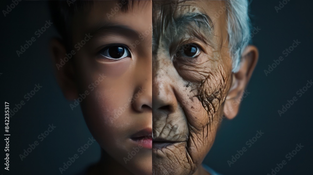 The face is divided into two halves - half of an Asian boy and half of ...