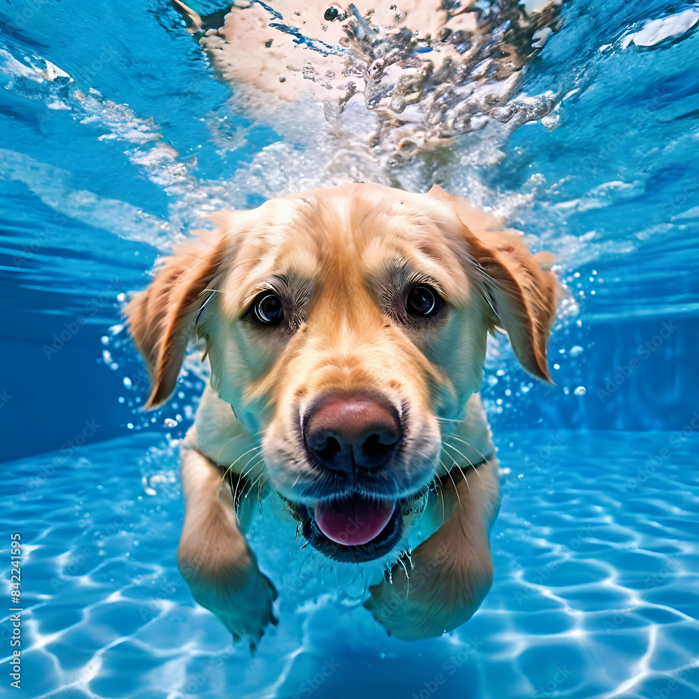 underwater funny photo of golden labrador retriever puppy in swimming ...